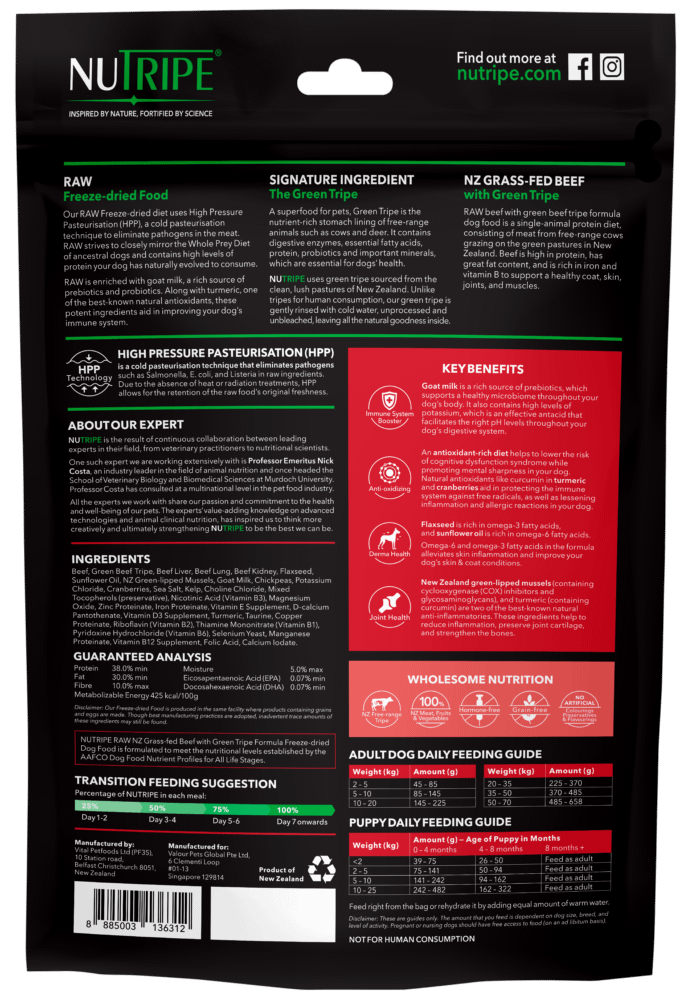 Nutripe Raw Freeze Dried NZ Grass-fed Beef with Beef Green Tripe Dog ...